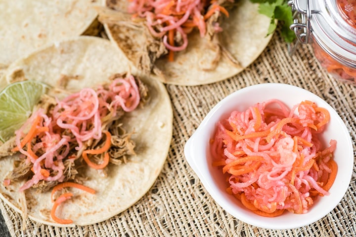 Slow Cooker Pork Carnitas Tacos with Spiralizer Pickled Radish Slaw